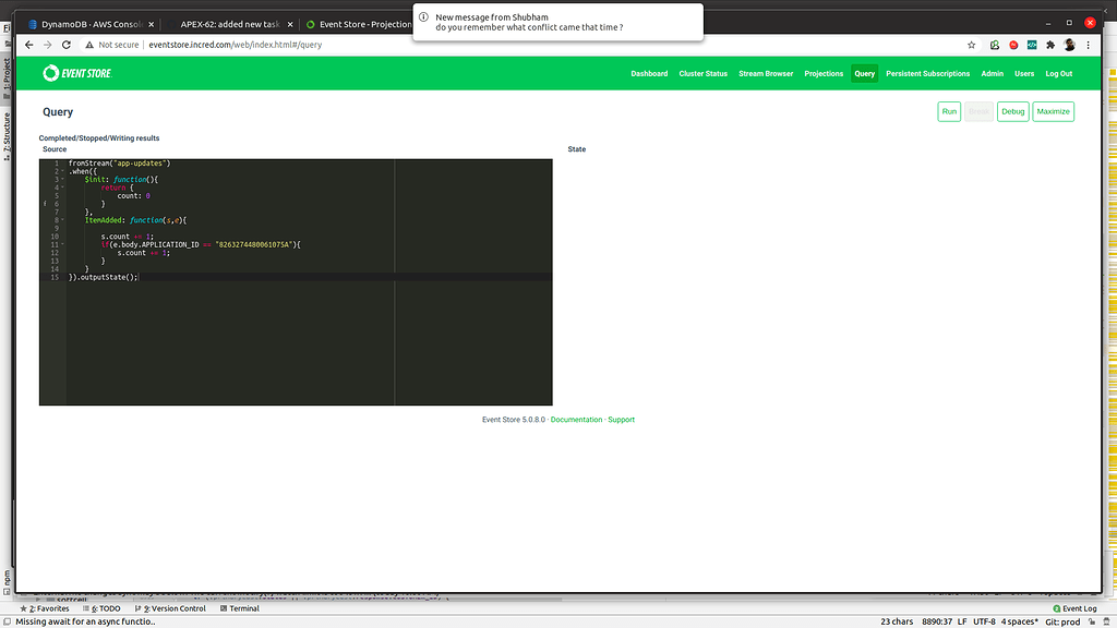 Running user defined Projection problem - V5.X - Kurrent Discuss Forum